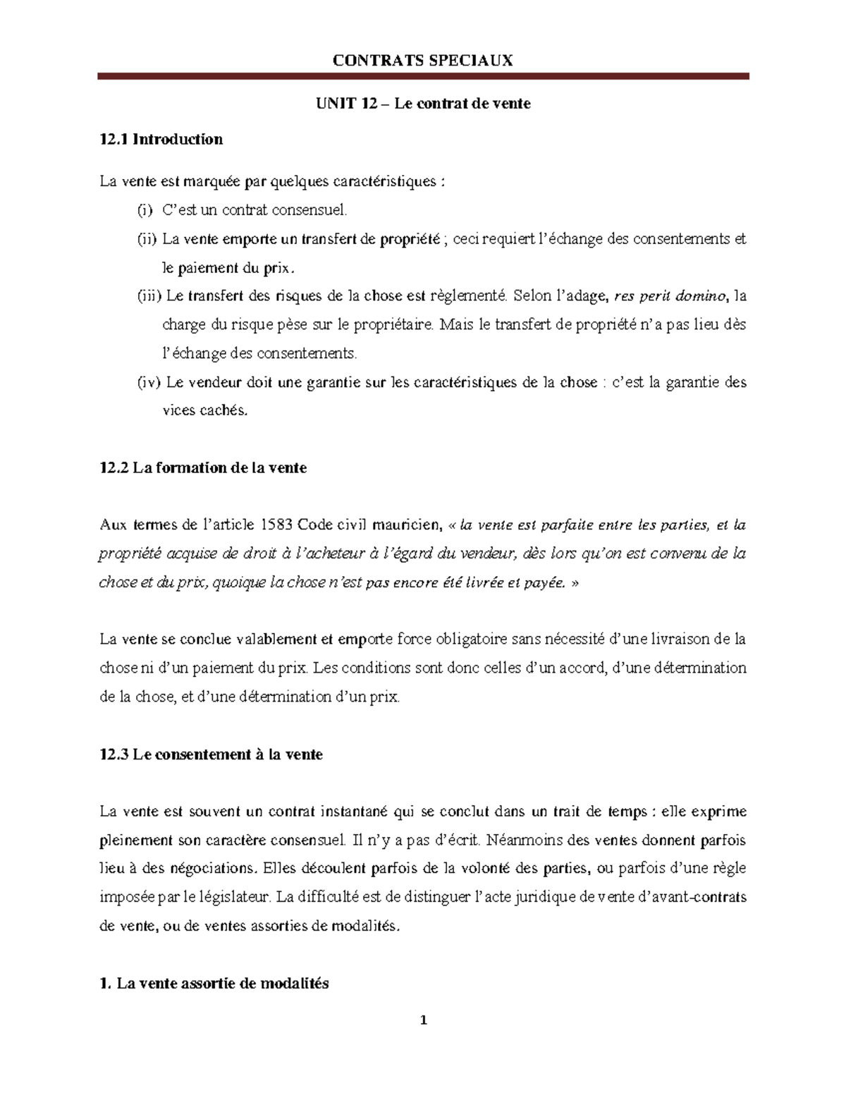 Contrats Spéciaux - Unité 12 : Le Contrat de Vente - Studocu