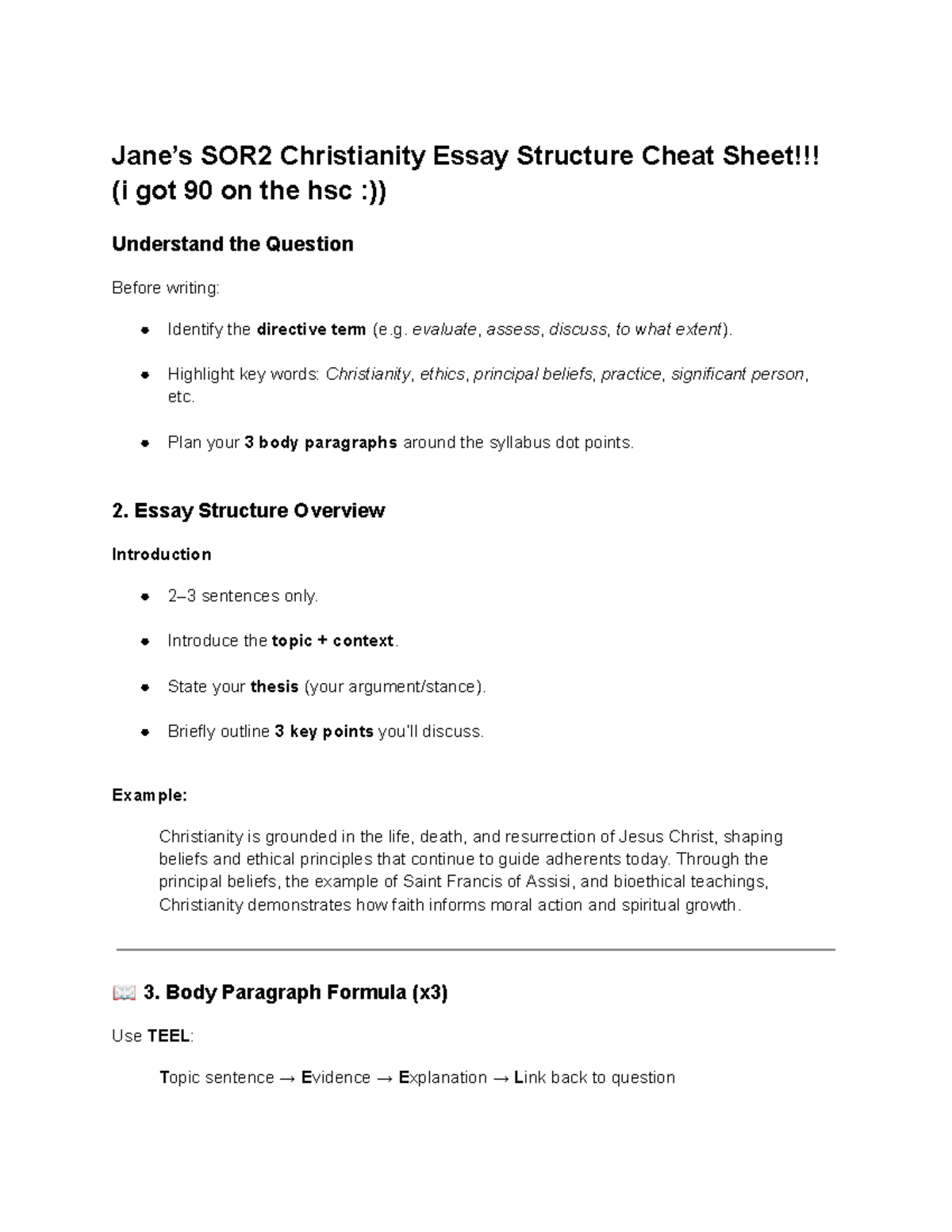 HSC SOR2 Christianity Essay Structure Cheat Sheet for Success - Studocu