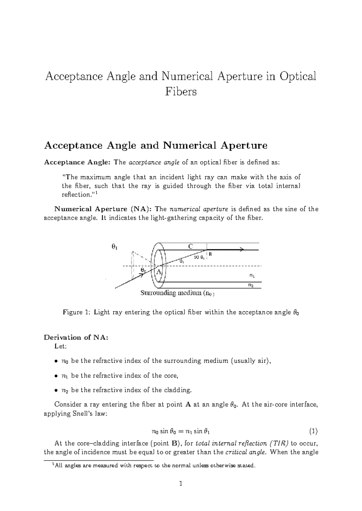Acceptance Angle and Numerical Aperture in Optical Fibers - PHYS 202 ...