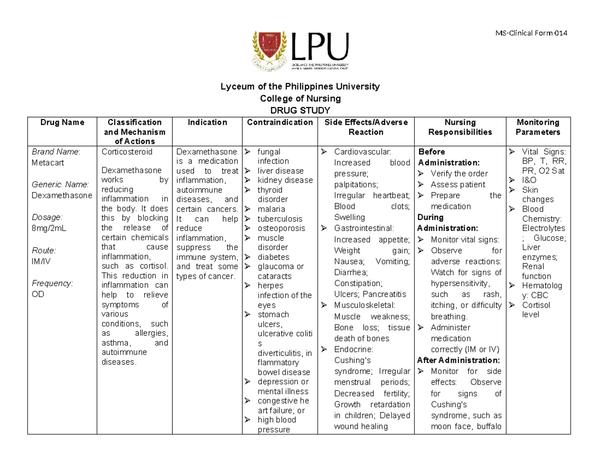 Dexamethasone Drug Study Overview - Nursing Responsibilities ...