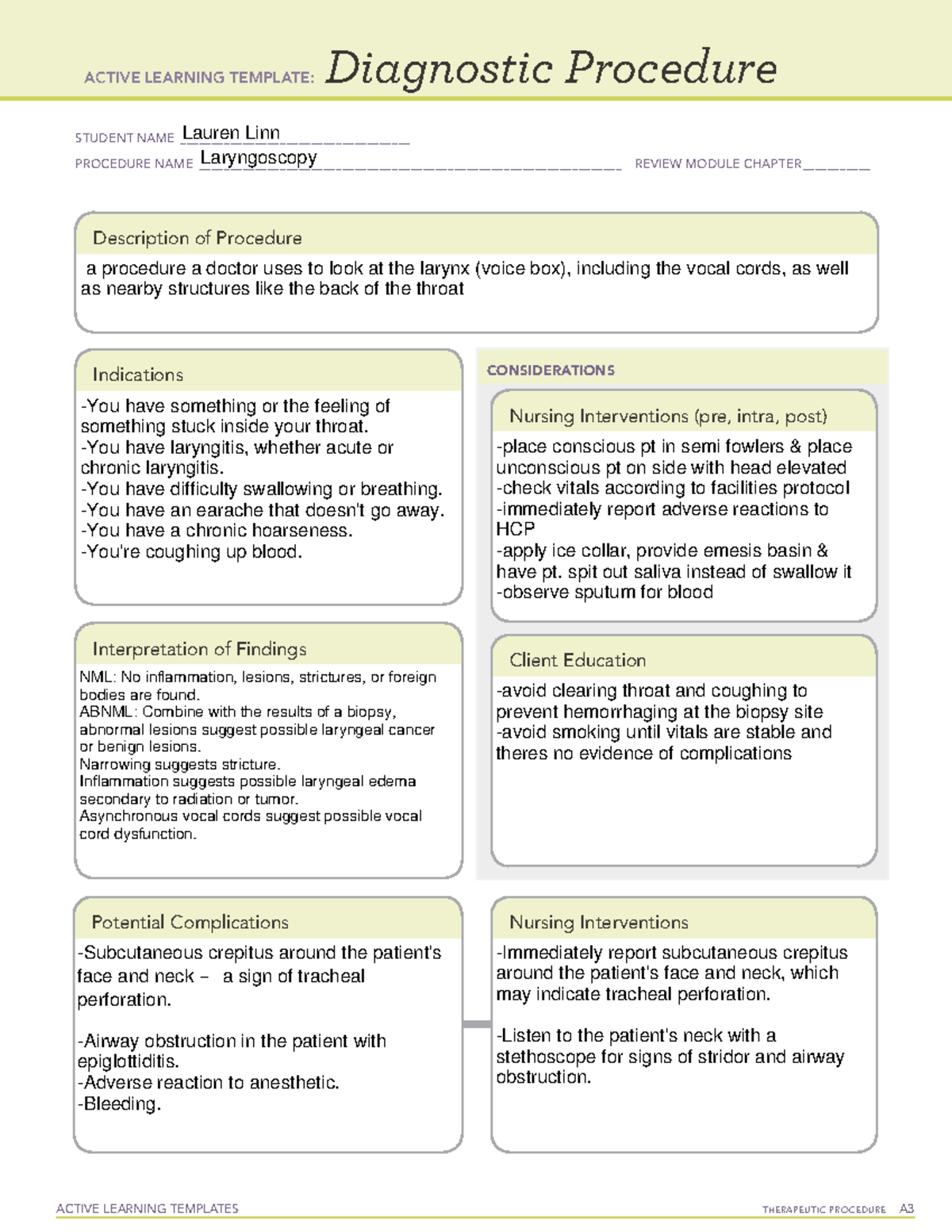 Laryngoscopy Diagnostic Procedure Notes for Nursing Students - Studocu