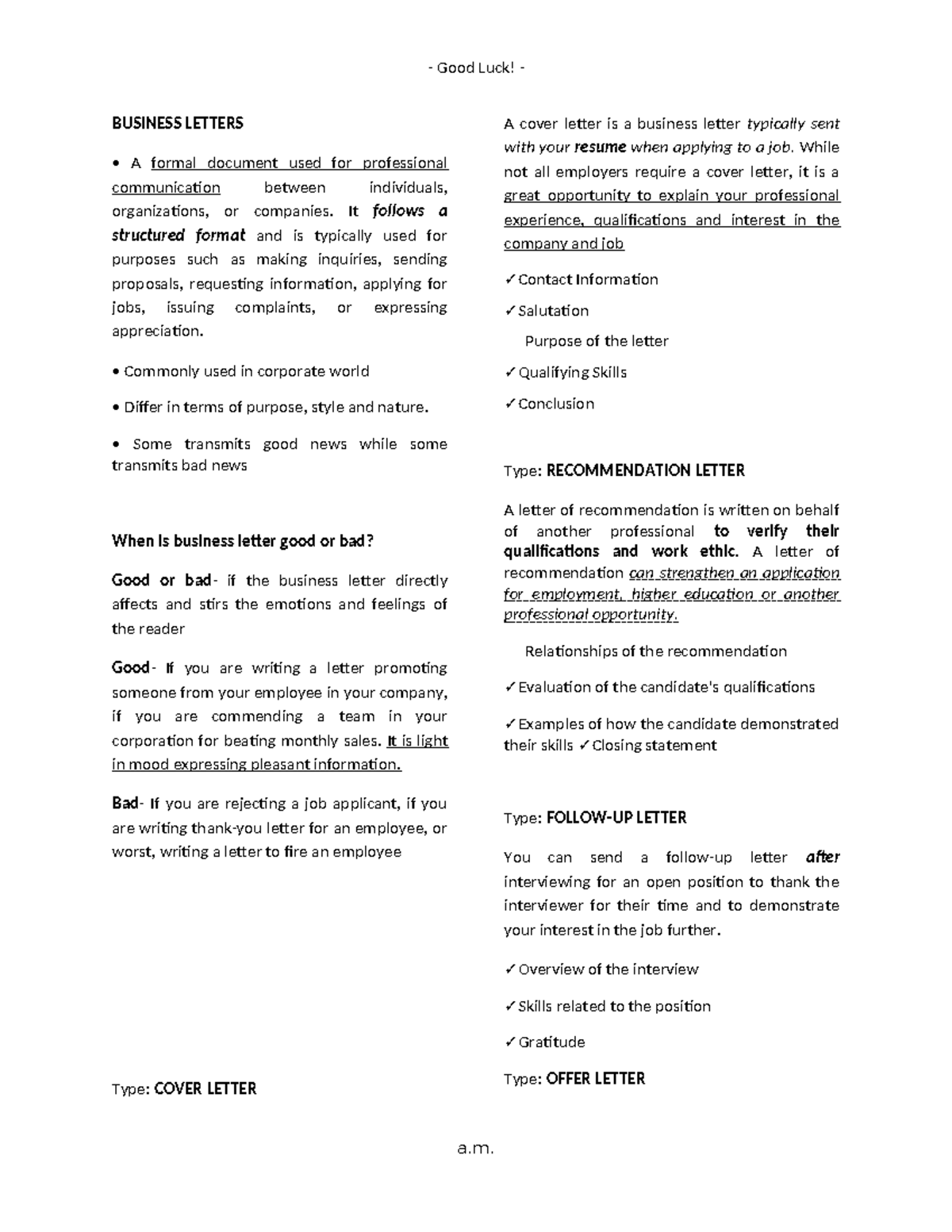 TW-finals - Reviewer for types of letters - BUSINESS LETTERS A formal ...