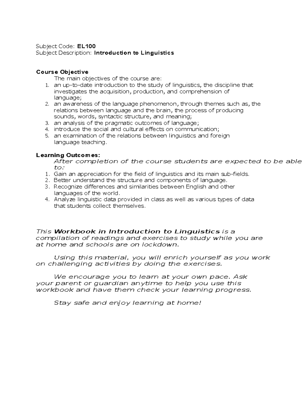 EL100: Comprehensive Workbook on Introduction to Linguistics - Studocu