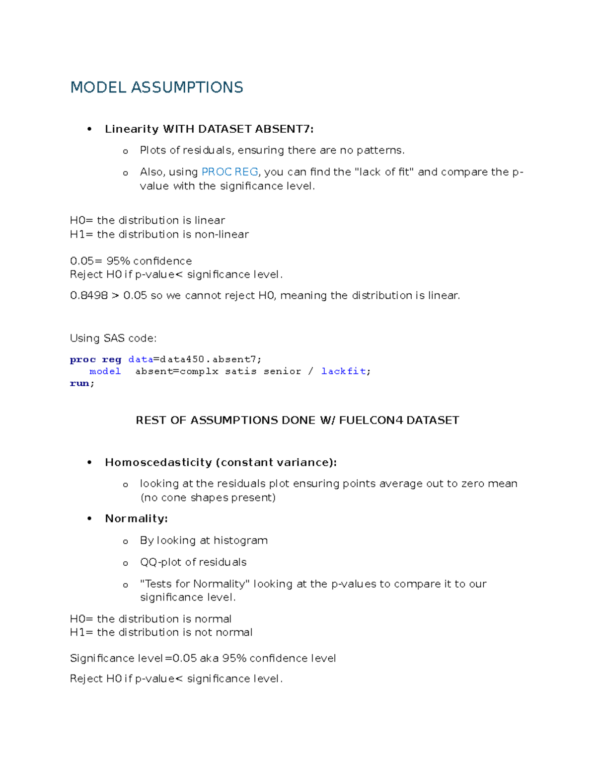 TUT 4 & 5 - Model Assumptions & Selection Methods in SAS - Studocu