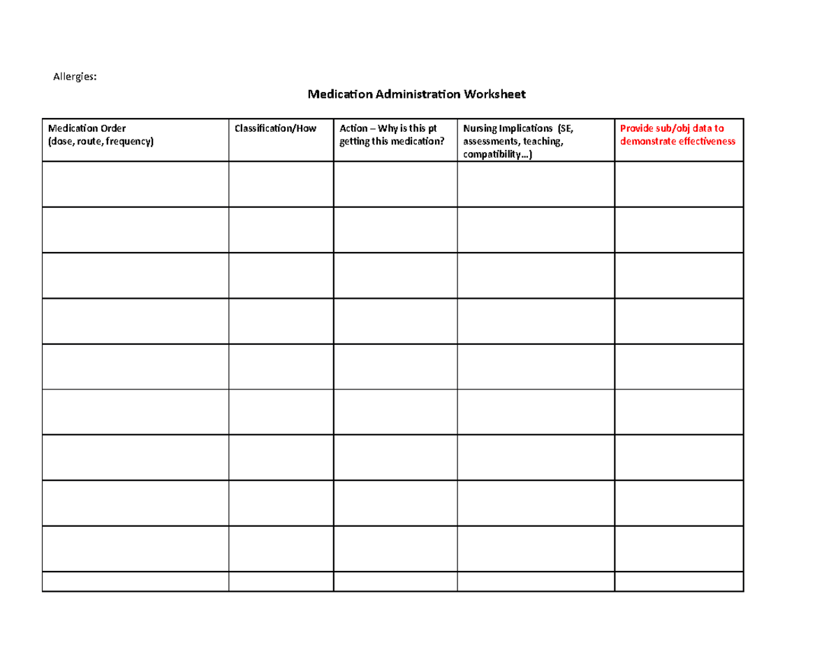 Medication Administration Worksheet (11)(1)-3 - Allergies: Medication ...