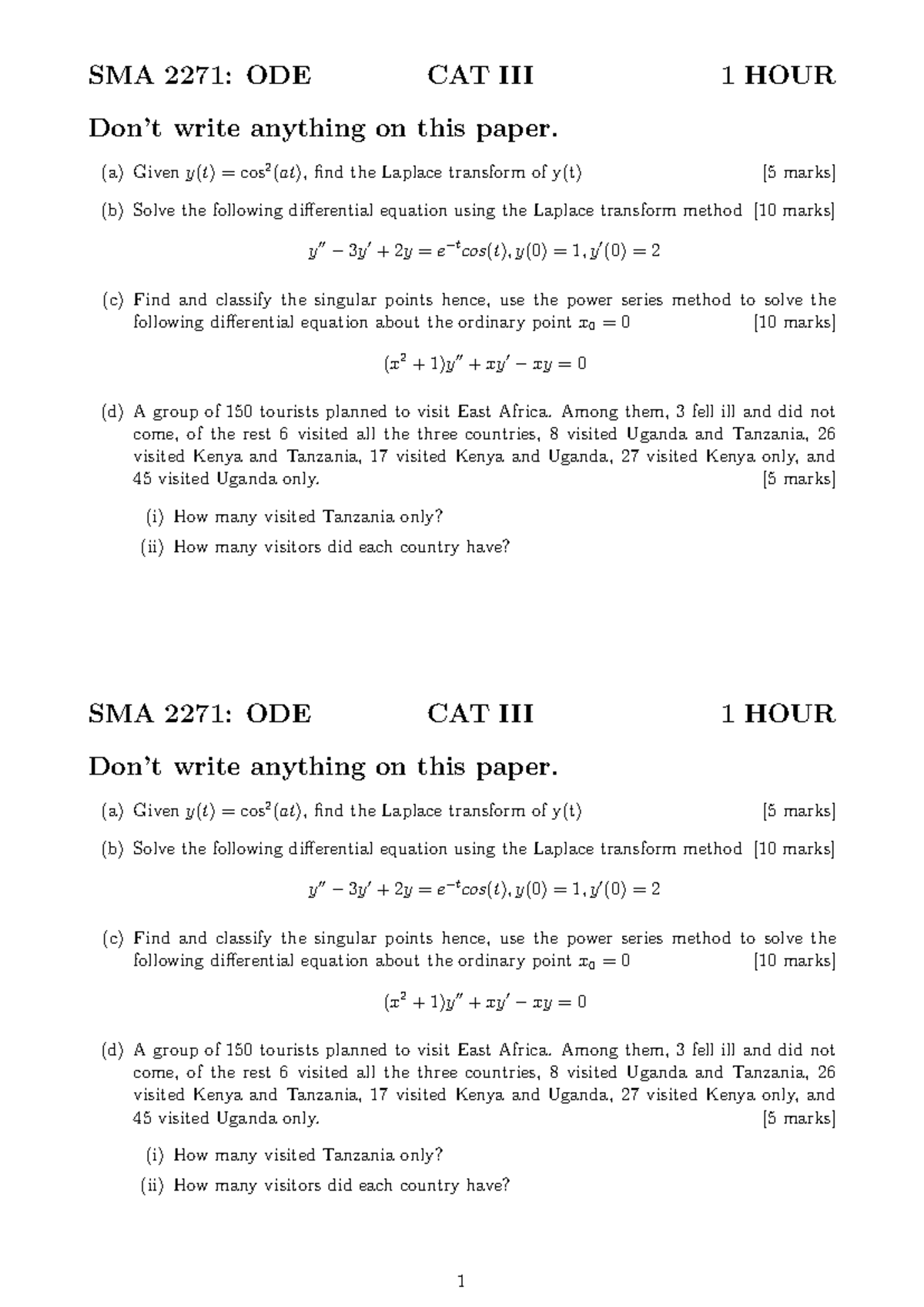 SMA 2271: ODE CAT 1 Exam Review and Problem Solutions - Studocu