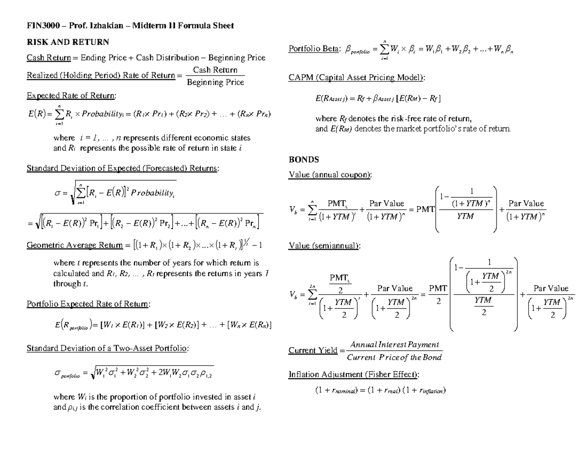 Prof. Izhakian RISK AND RETURN Midterm II Formula Sheet - Studocu