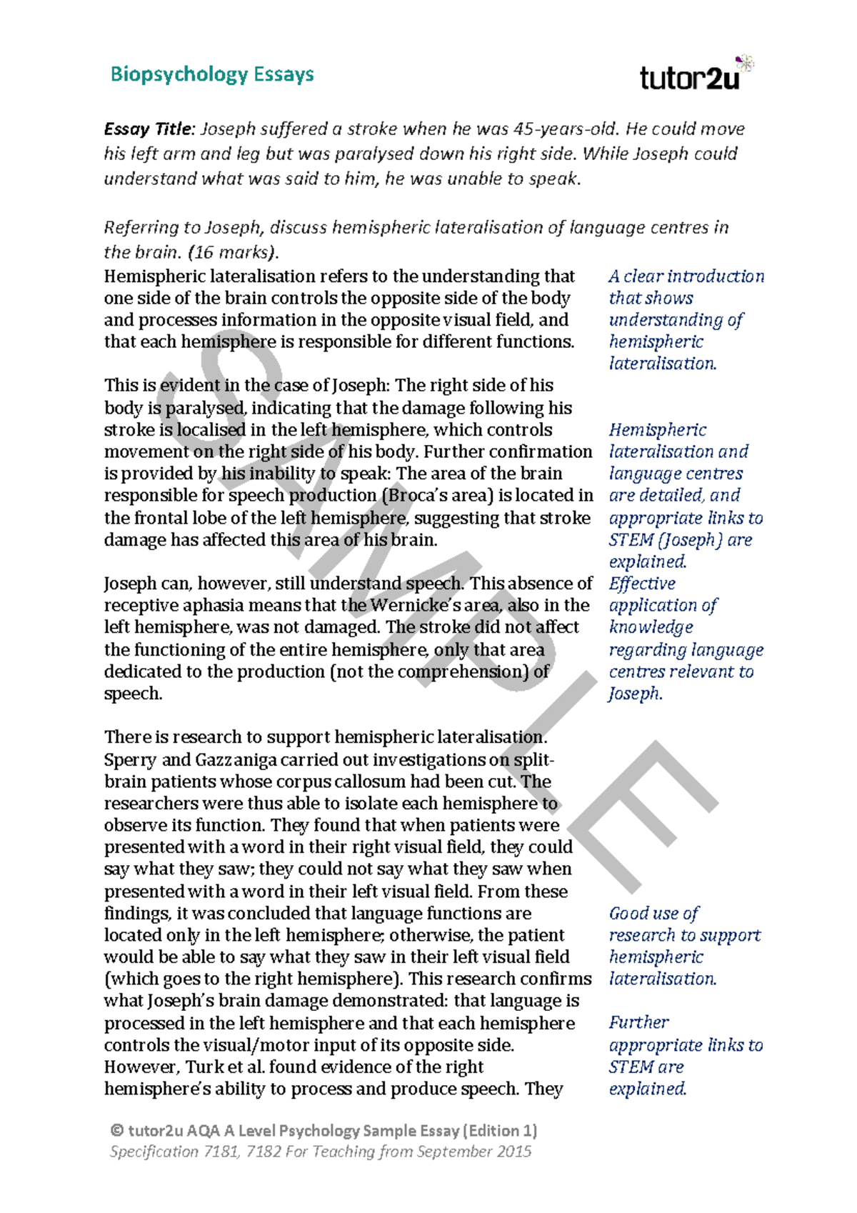 AQA A Level Psychology 7181/7182 Sample Essay on Biopsychology - Studocu