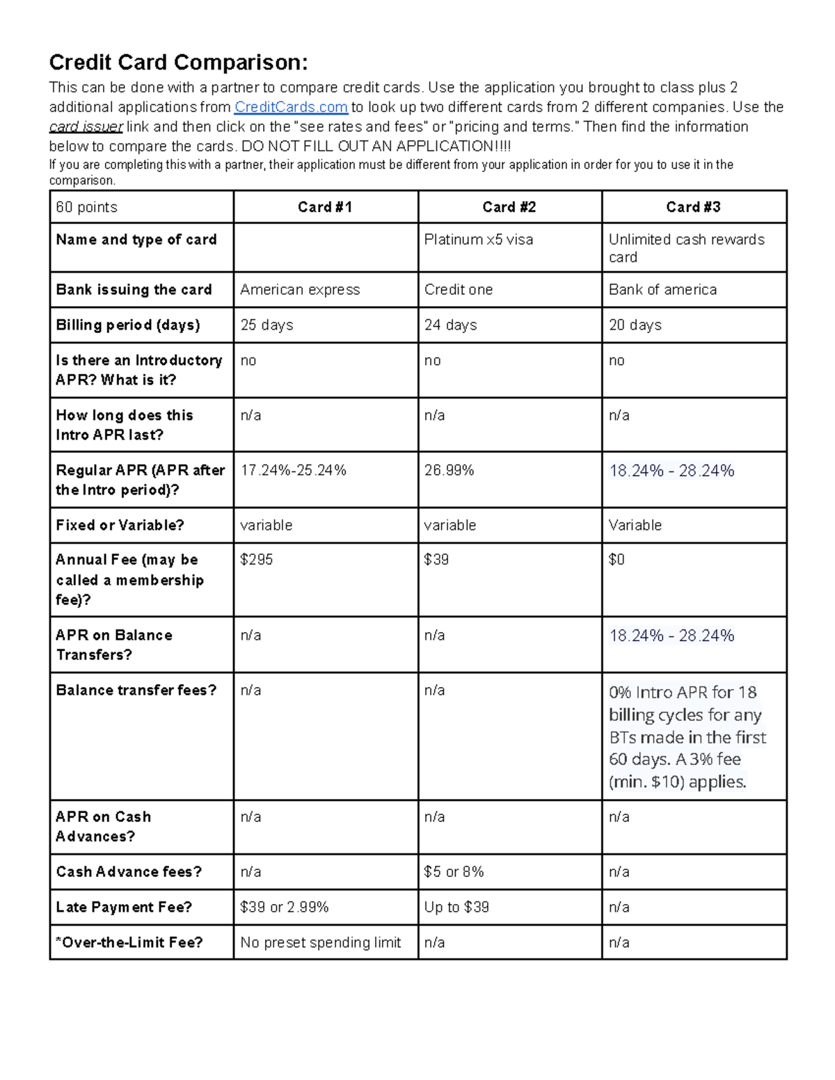 Credit Card Comparison Worksheet for Evaluation and Analysis - Studocu