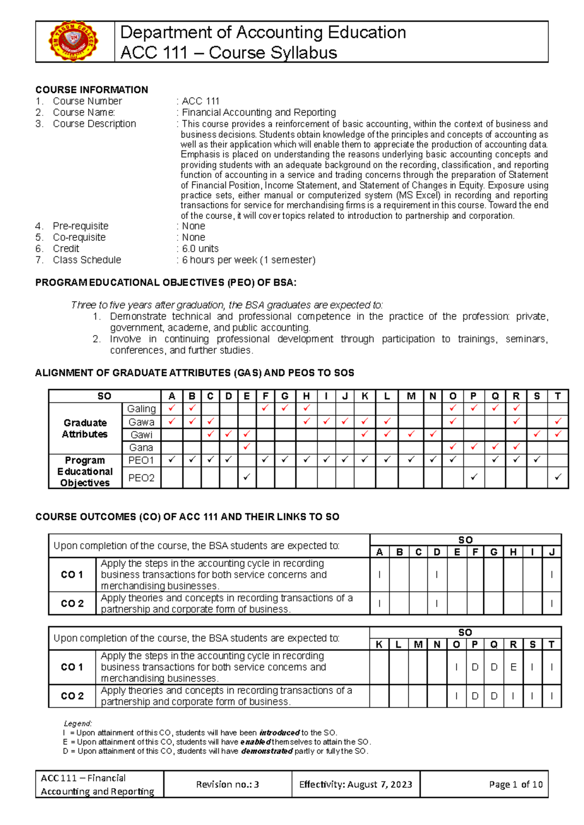 ACC-111 new-format lopez - ACC 111 – Course Syllabus ACC 111 – Financial Revision no.: 3 - Studocu