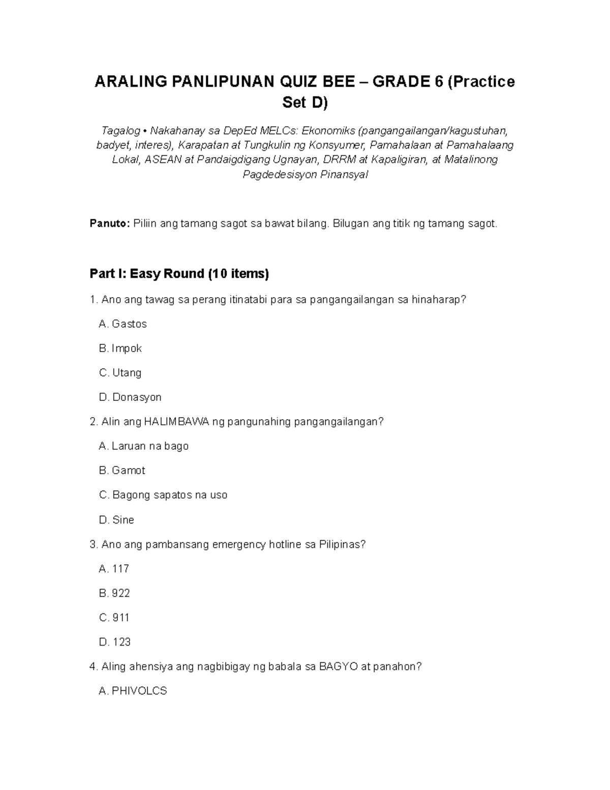 AP Grade 6 Quiz Bee Practice Set D: Ekonomiks at Karapatan ng Konsyumer ...