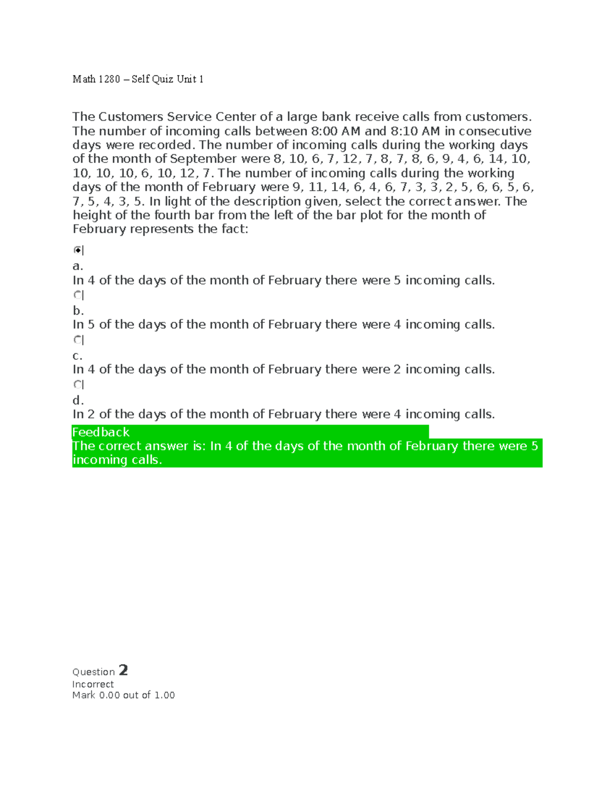 Math 1280 Unit 1 Self Quiz Math 1280 Self Quiz Unit 1 The Customers Service Center Of A