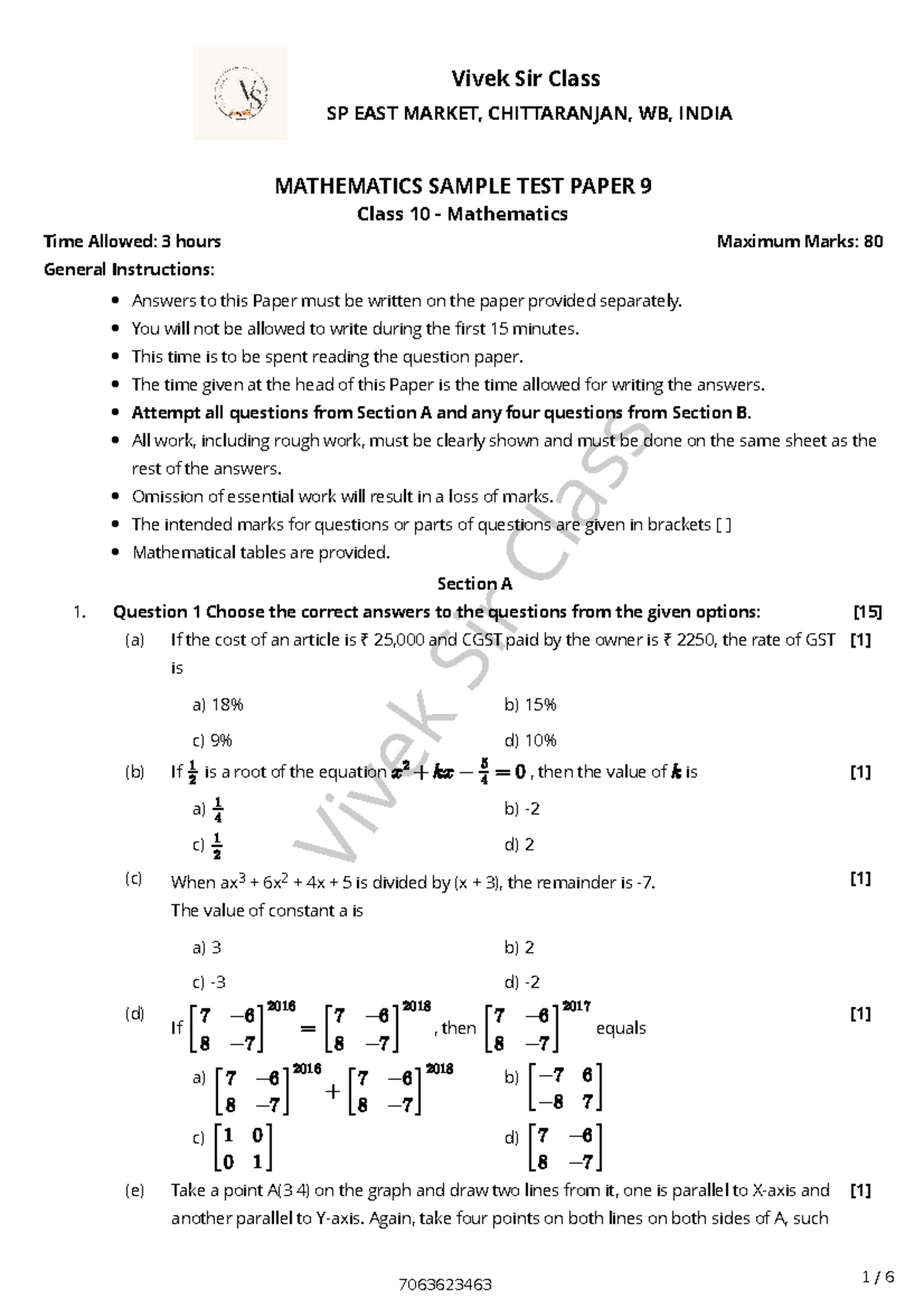 Mathematics Sample Test Paper 9 for Class 10 - SP EAST MARKET - Studocu