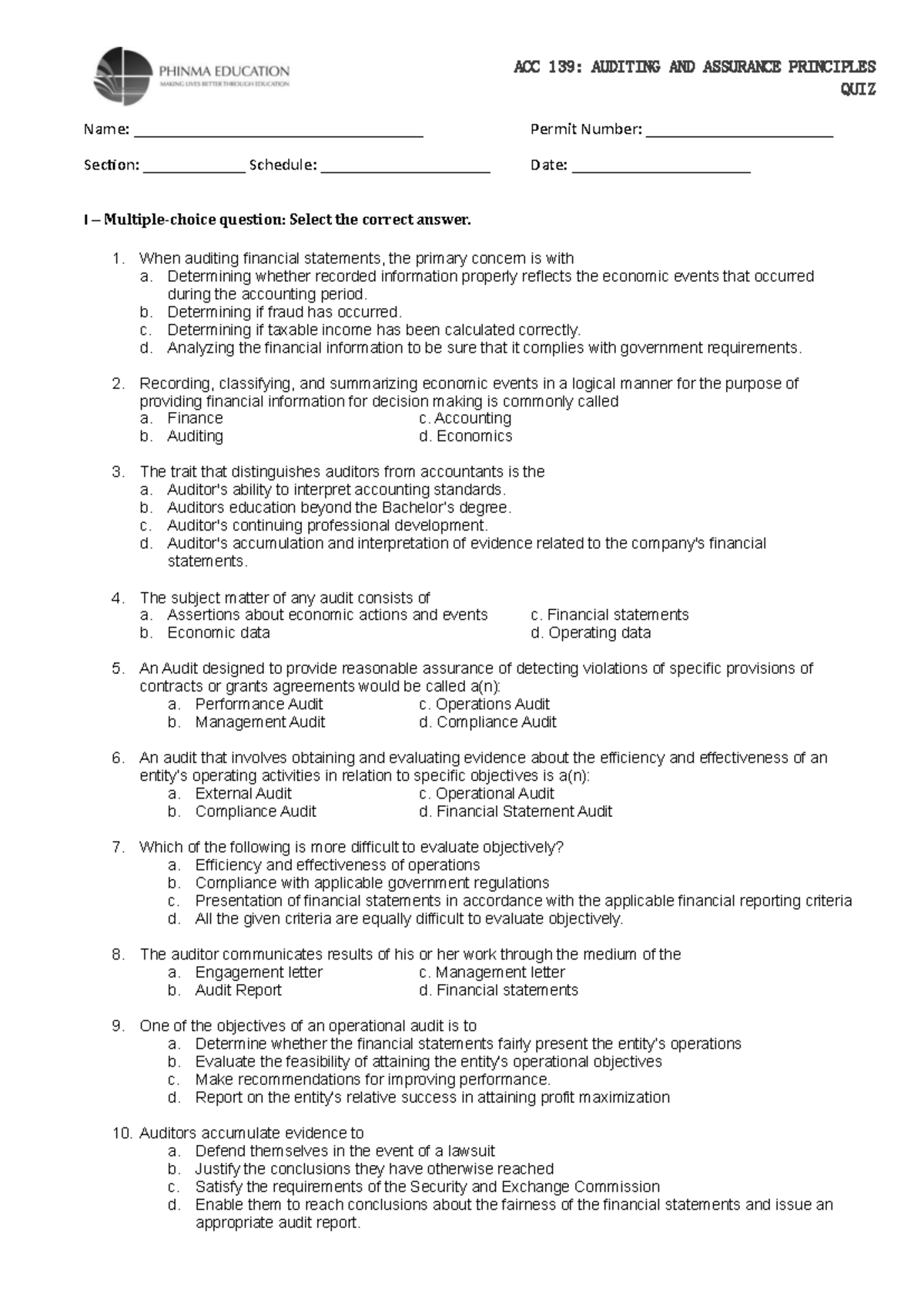 ACC 139: Auditing and Assurance Principles Quiz Review - Studocu