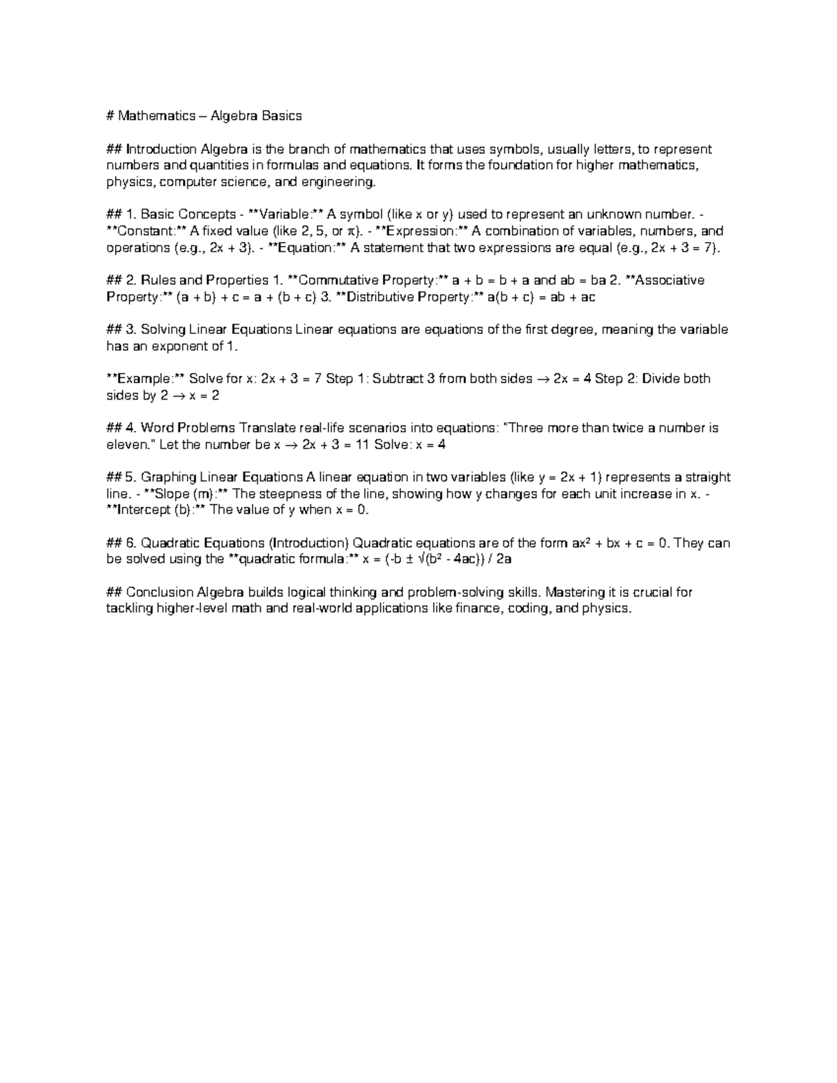 Mathematics Algebra Basics: Intro to Key Concepts & Equations - Studocu