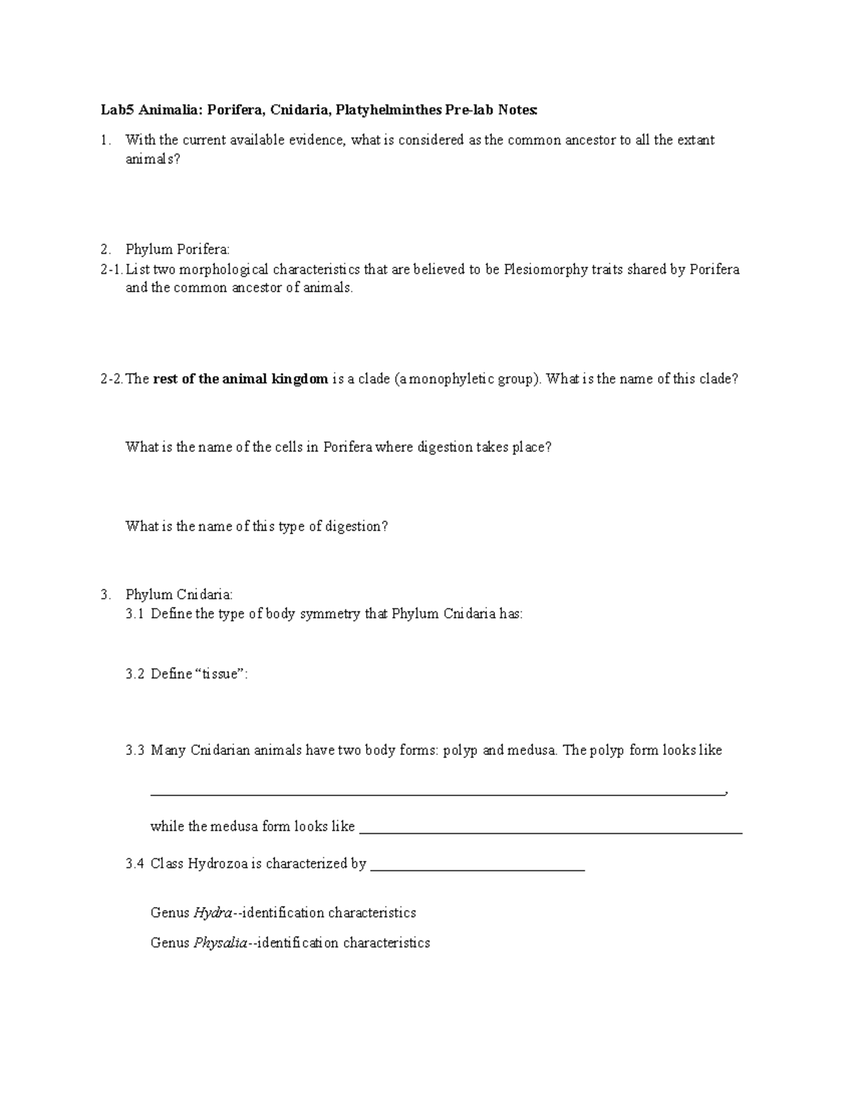 Lab 5: Animalia - Porifera, Cnidaria, Platyhelminthes Notes - Studocu
