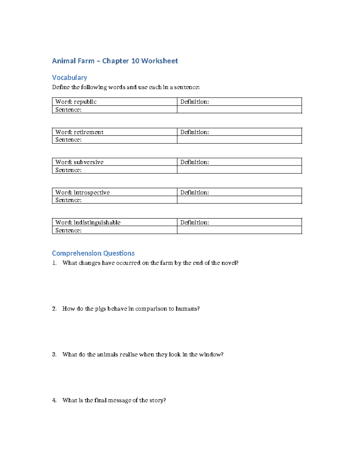 Animal Farm CH10 Enhanced Worksheet: Vocabulary & Comprehension - Studocu