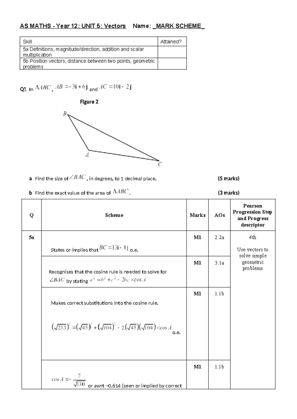 AS MATHS Year 12: UNIT 5 Vectors - Mark Scheme & Solutions - Studocu