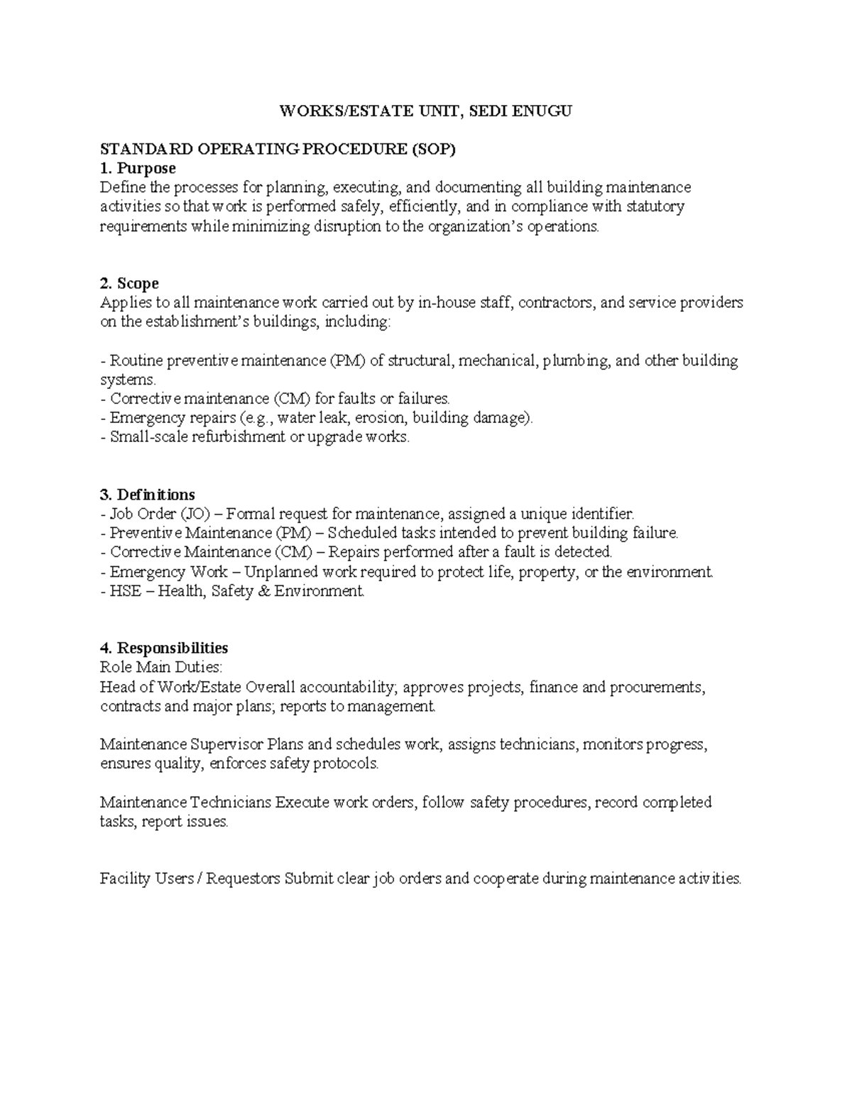 Works SOP - UNIT SEDI Enugu Maintenance Procedures - Studocu