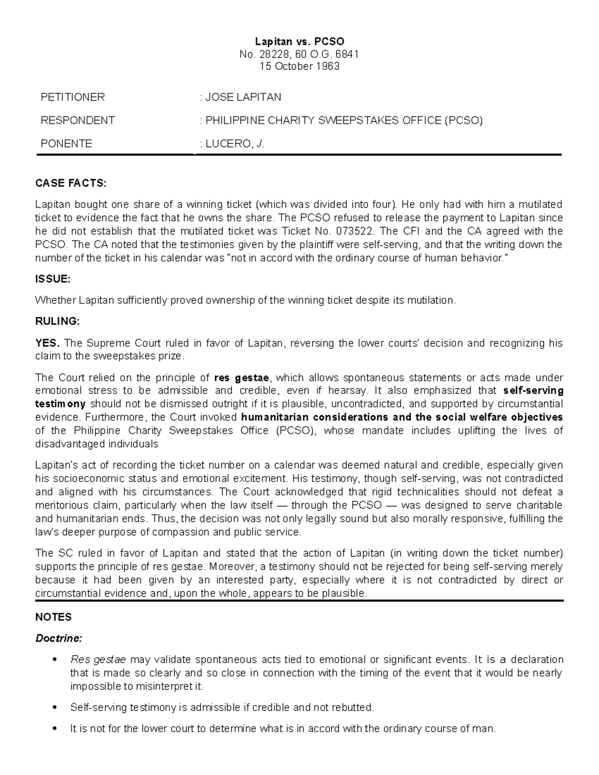 Philosophy of Law Case Study: Lapitan vs. PCSO No. 28228 - Studocu