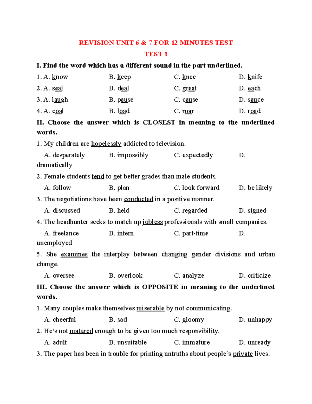 Grade 10 English Revision for 15-Minute Test (Units 6 & 7) - Studocu