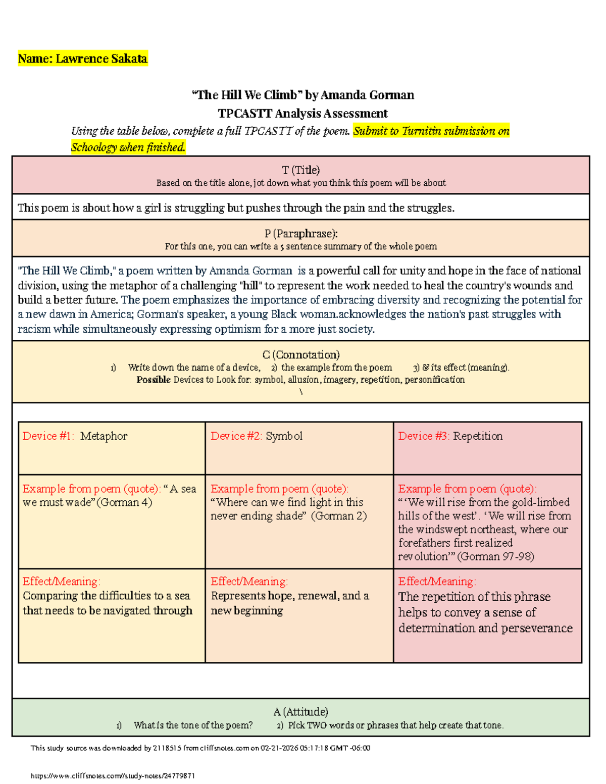 TPCASTT Analysis of Amanda Gorman's Poem: Hill We 2118515 - Studocu