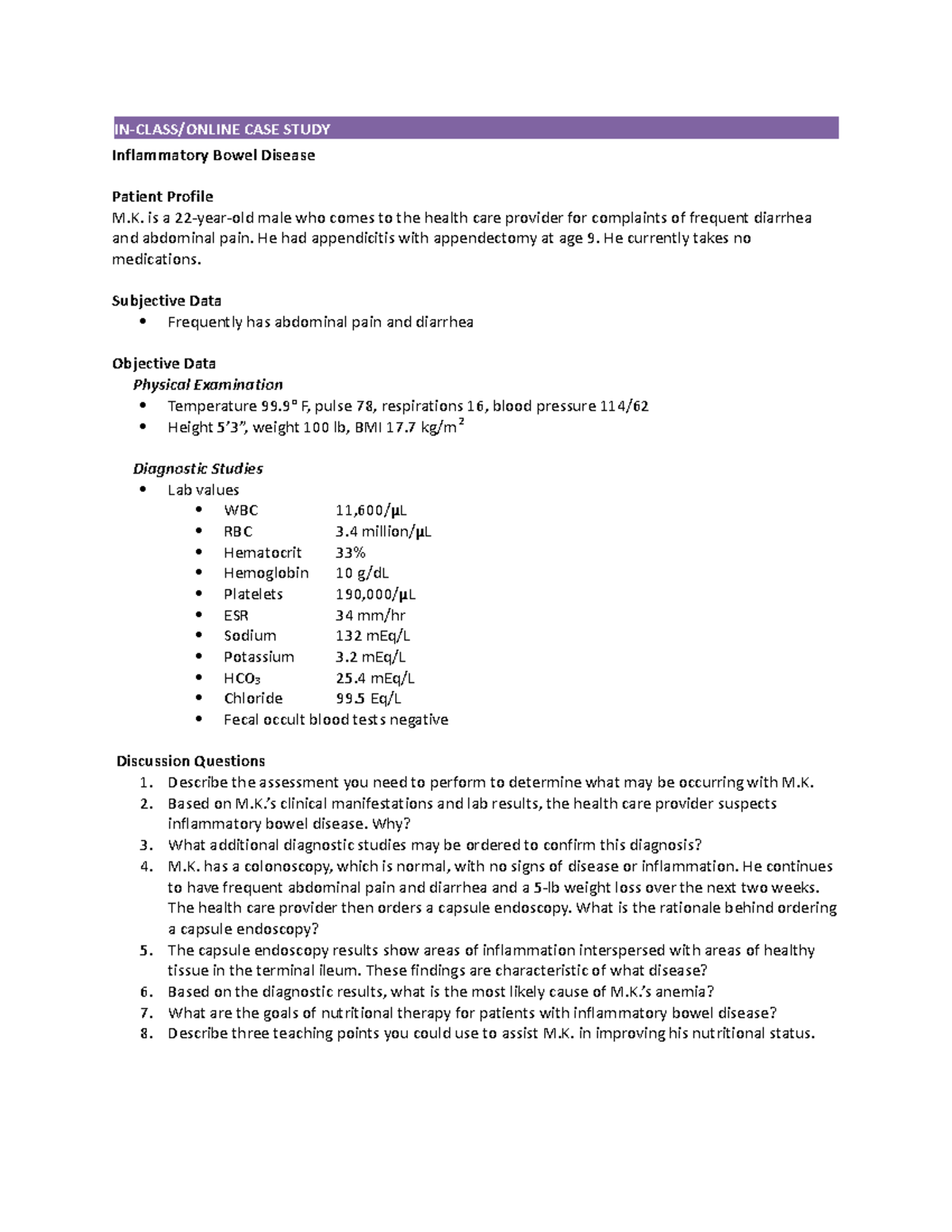 IBD Case Study: Patient Profile, Findings & Discussion Questions - Studocu