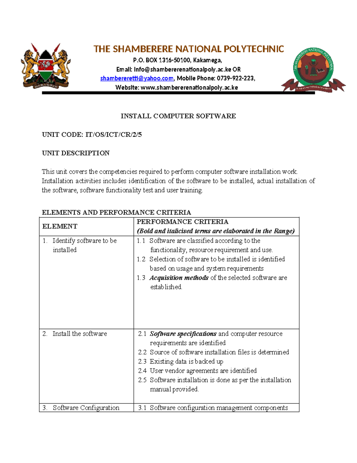 Occupational Standard: Install Computer Software (Unit Code) - Studocu