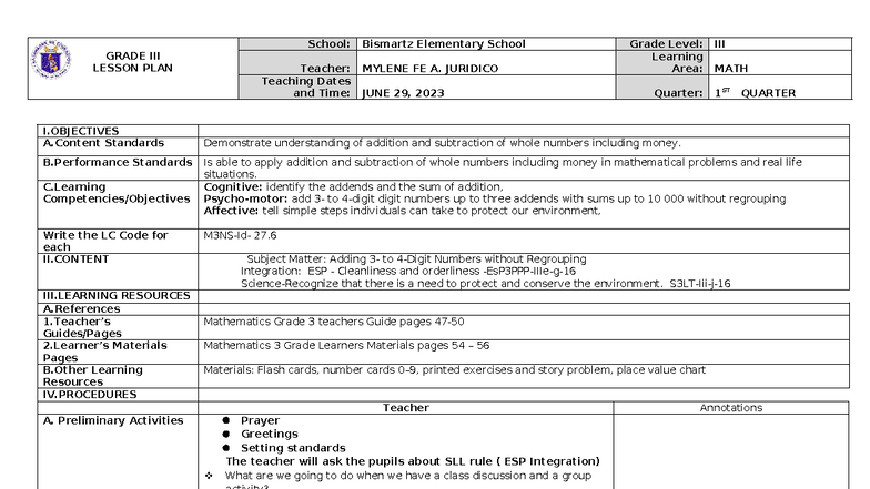 Grade 3 Math Lesson Plan: Addition & Subtraction (1st Quarter) - Studocu