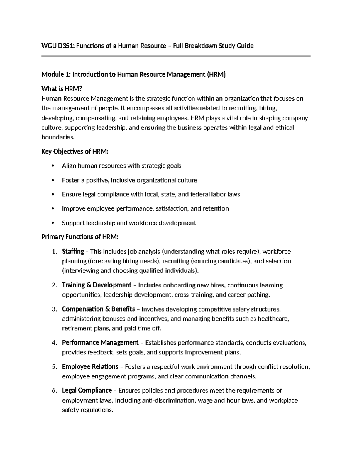 WGU D351: Comprehensive Study Guide for Human Resource Functions - Studocu