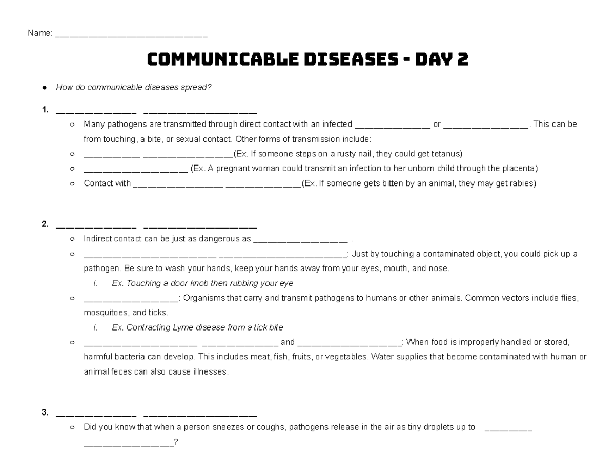 Communicable Diseases Notes - Day 2 - Name ...