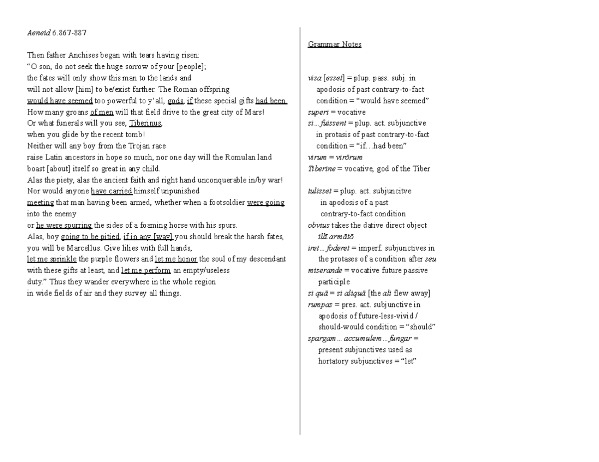 Aeneid Grammar Notes: Analysis of Lines 867-887 - Studocu