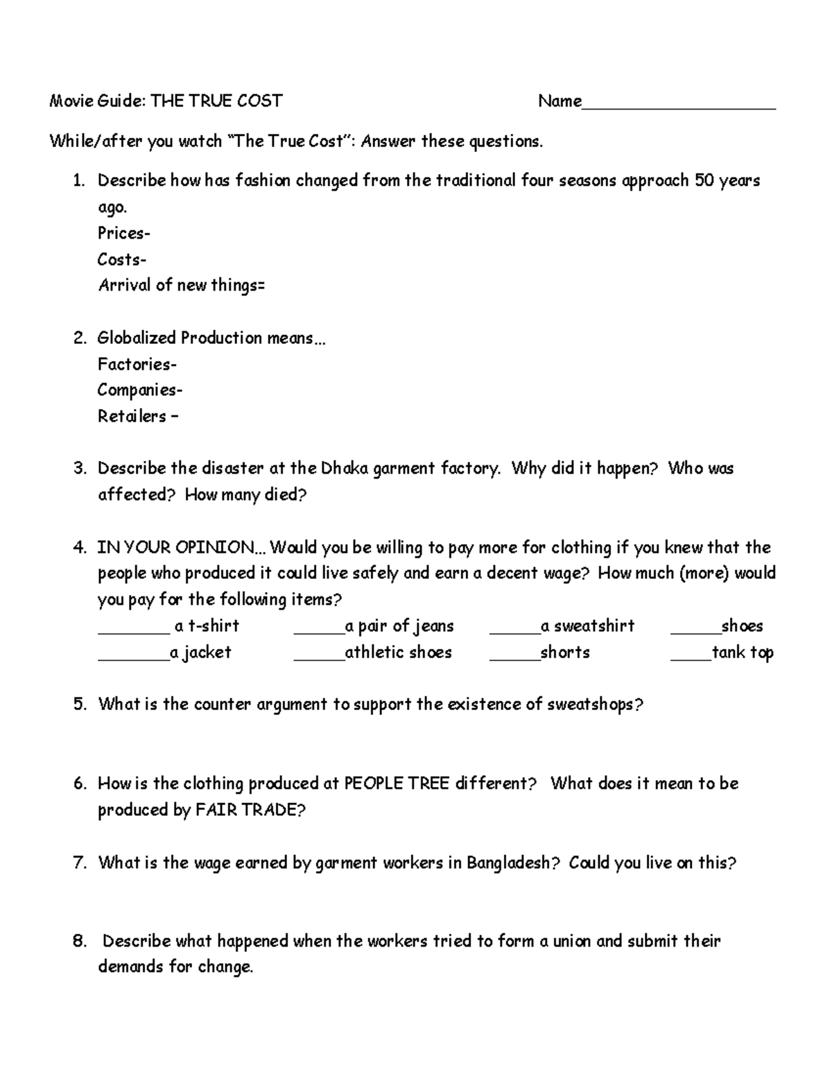 True Cost Movie Guide Worksheet - STRM Student Activity - Studocu