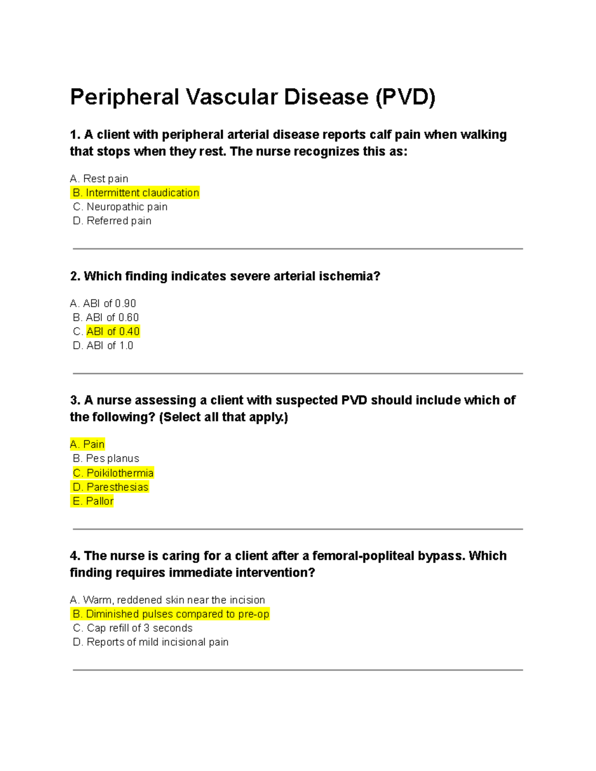 2990 Exam 3 Practice Questions: Peripheral Vascular Disease & DVT - Studocu