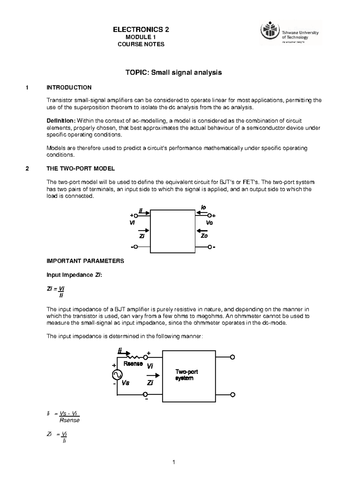 Small signal analysis notes - ELECTRONICS 2 MODULE 1 COURSE NOTES TOPIC ...