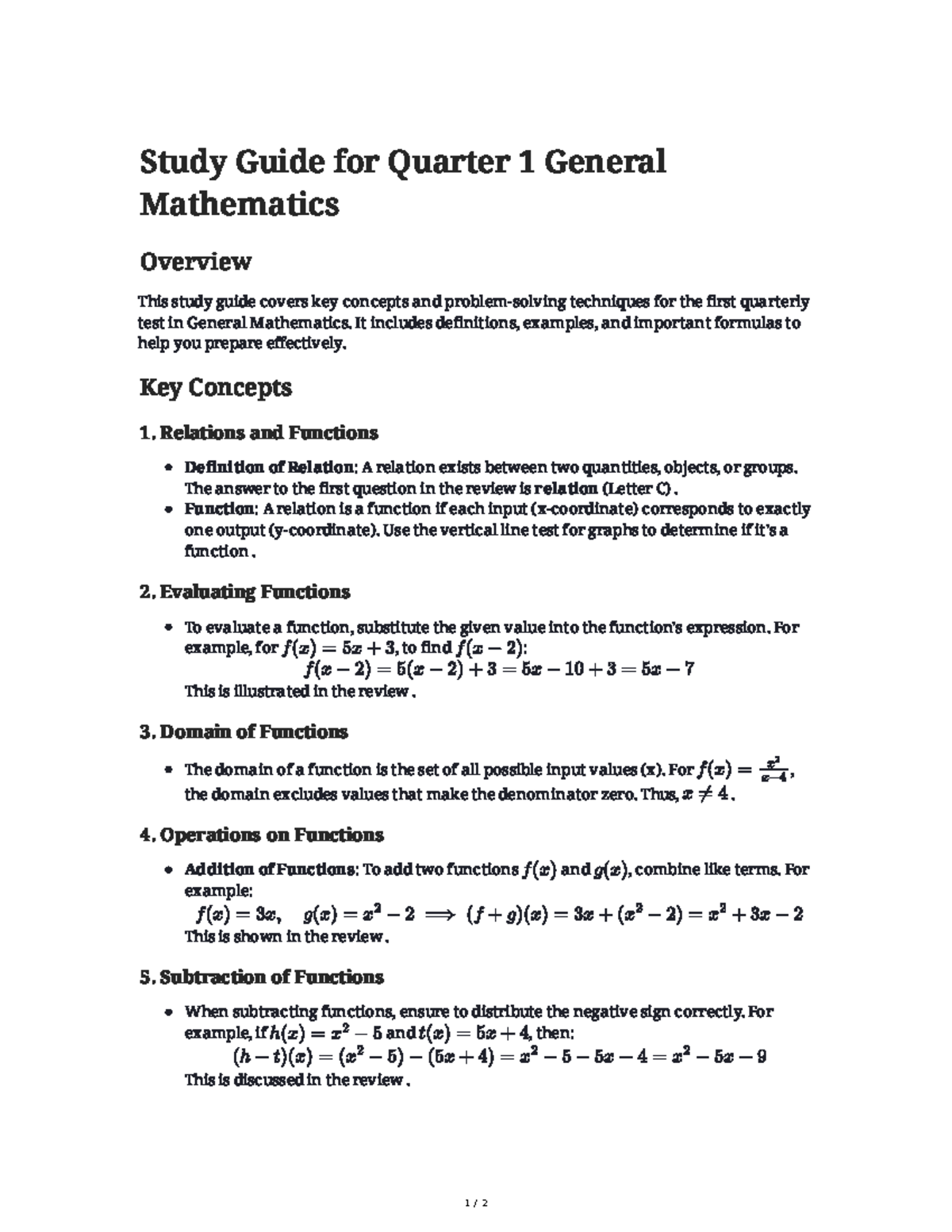 Genmath-Q1-Review: Key Concepts and Techniques for Test Prep - Studocu
