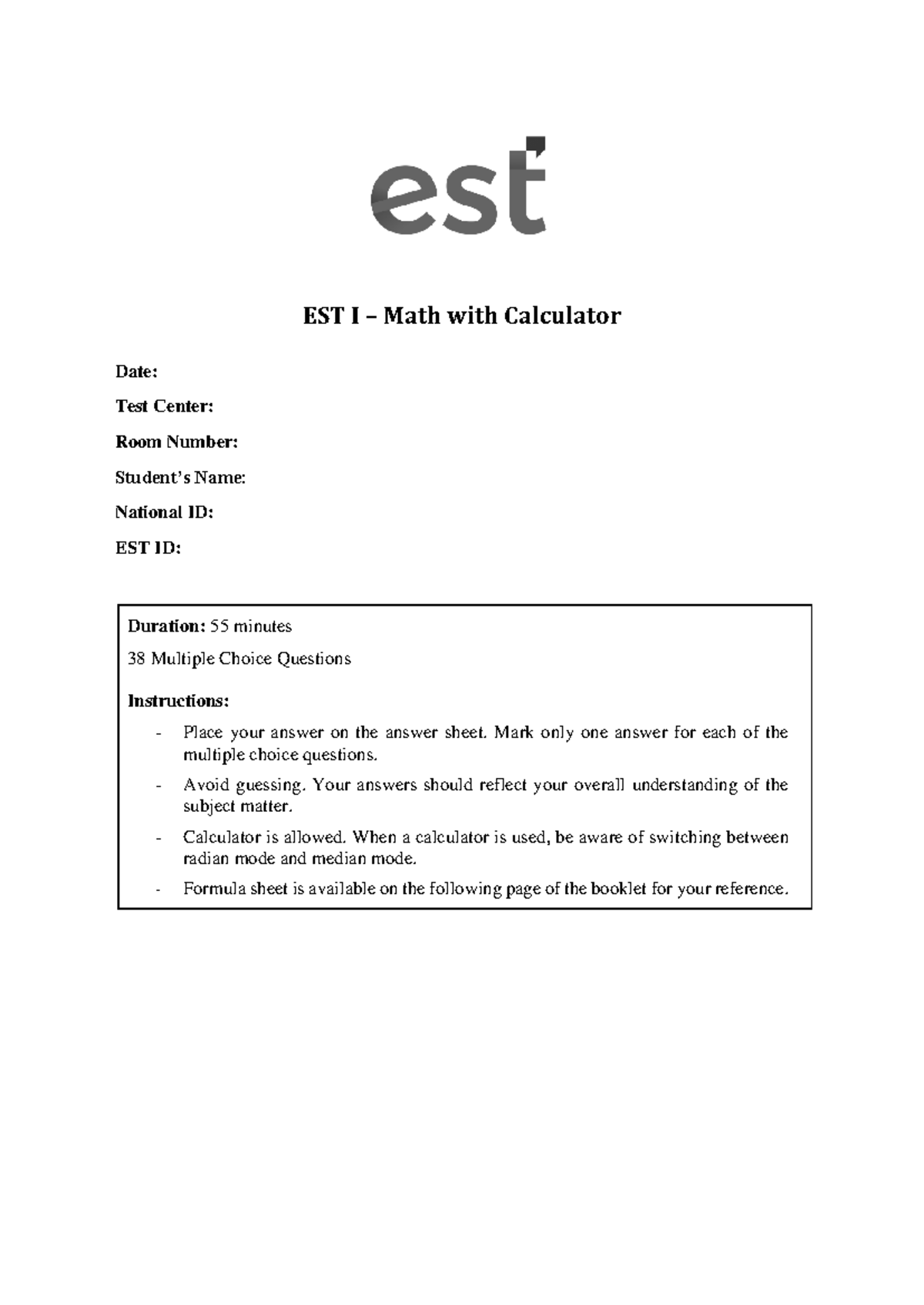 EST I Math with Calculator: May 2023 Test Review - Studocu