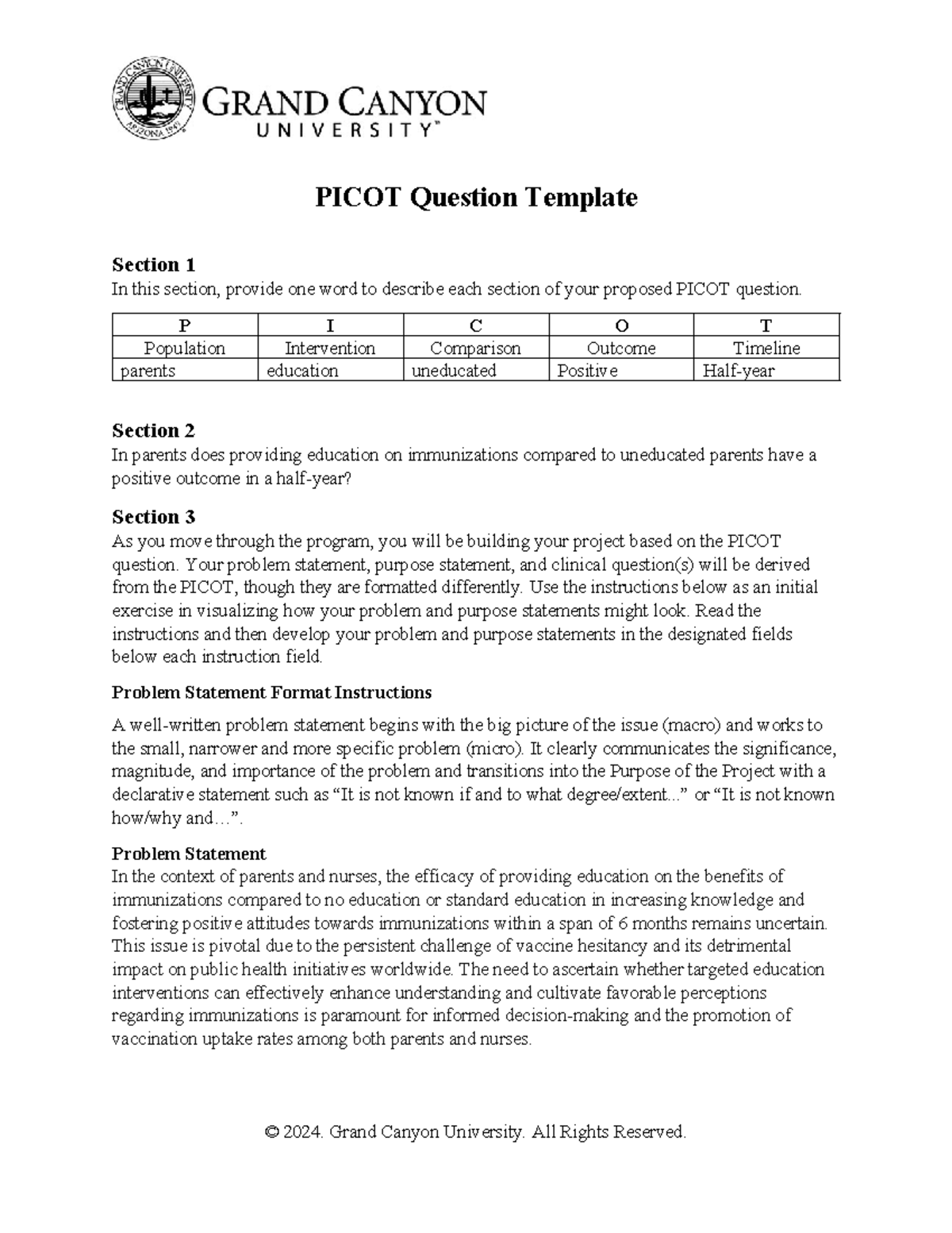 NSG-324 PICOT Question Template: Education on Immunizations for Parents ...