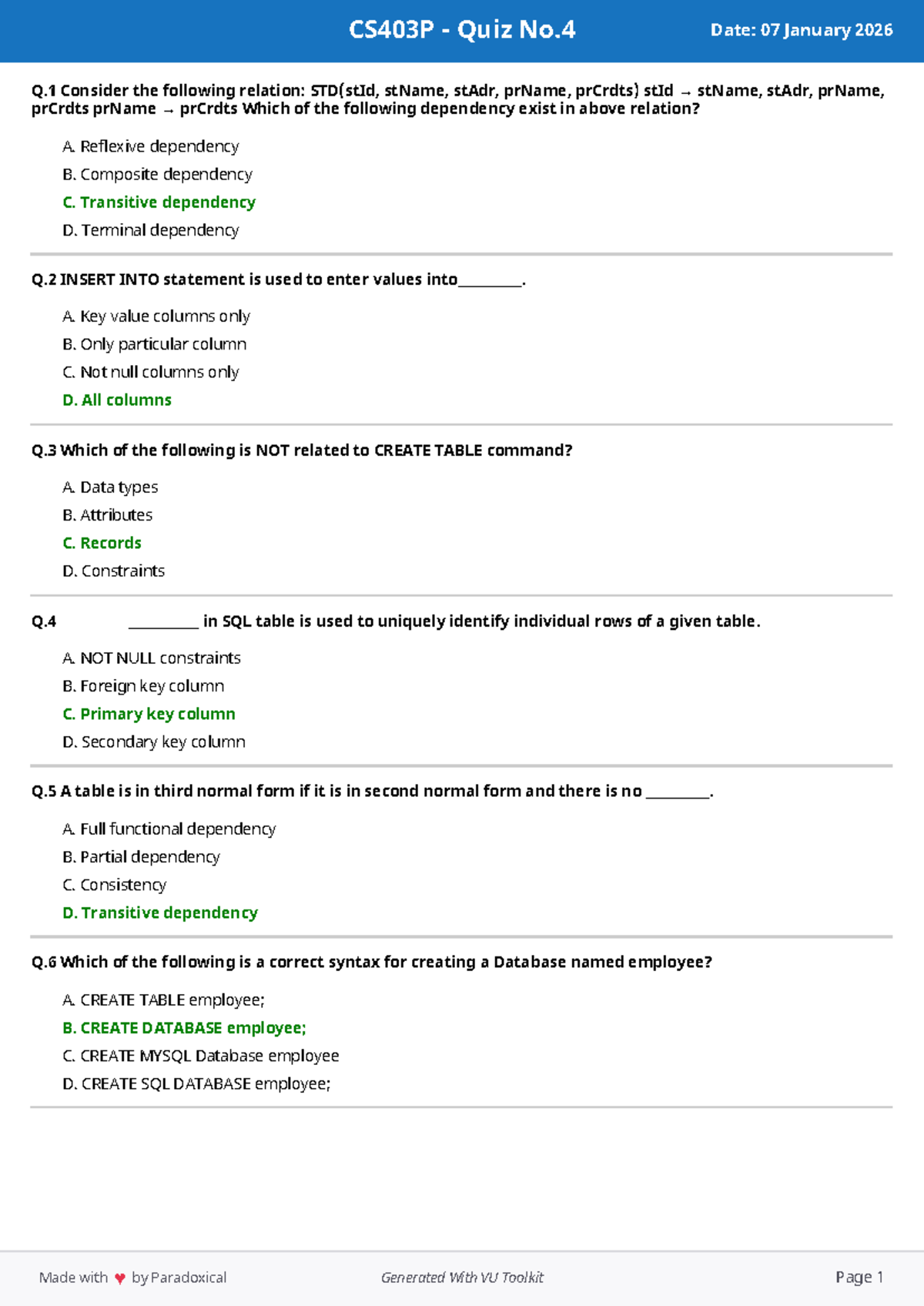 CS403P Quiz No.4: SQL Dependencies and Table Creation - Studocu