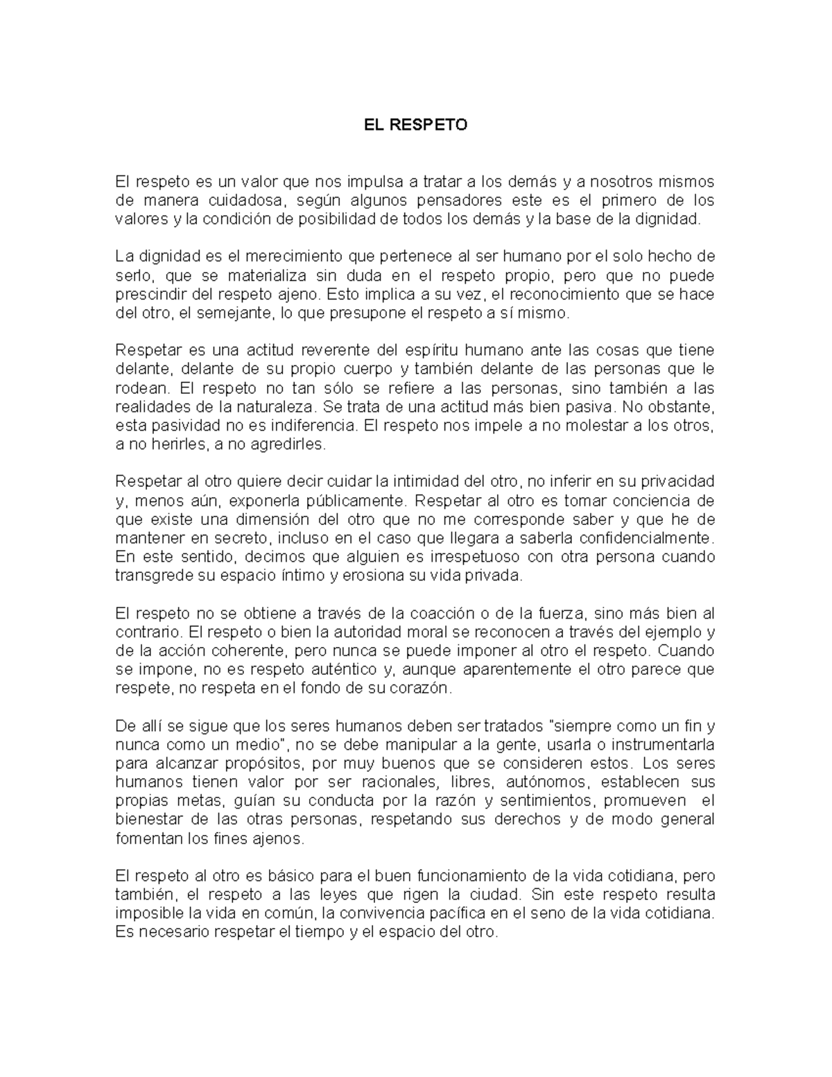 EL RESPETO - Análisis y Reflexiones sobre este Valor Esencial - Studocu
