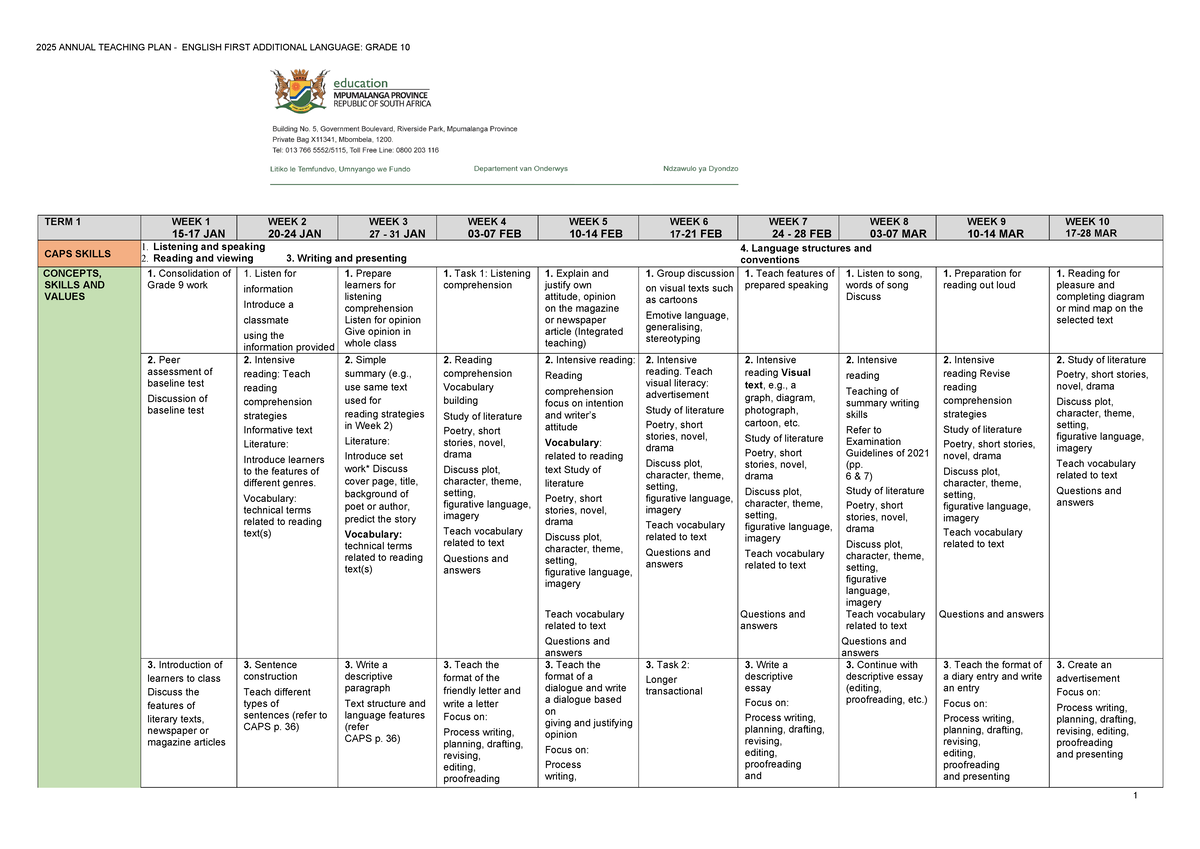 Mpumalanga Grade 10 English FAL Annual Teaching Plan 2025 - Studocu