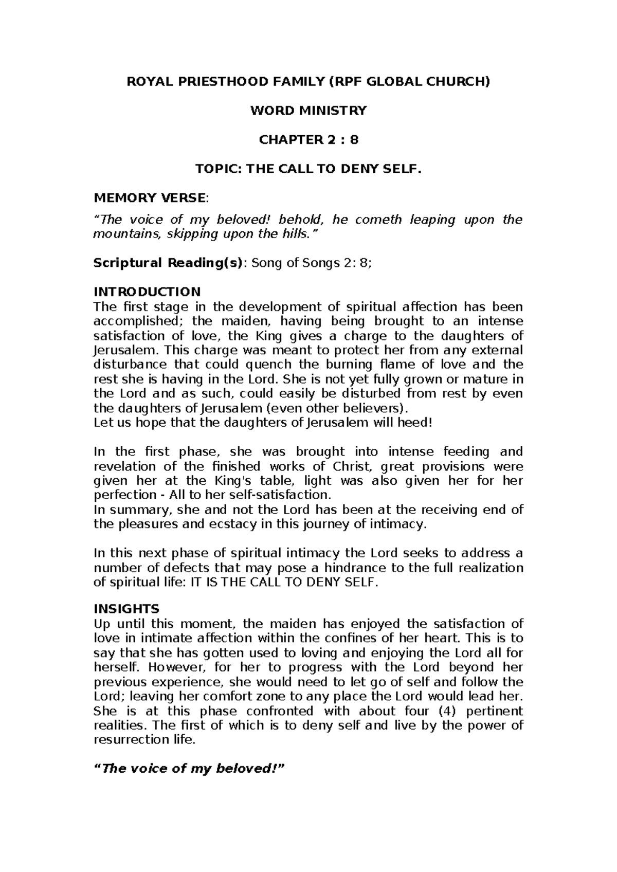 RPF GLOBAL CHURCH WORD MINISTRY CHAPTER 2: CALL TO DENY SELF - Studocu