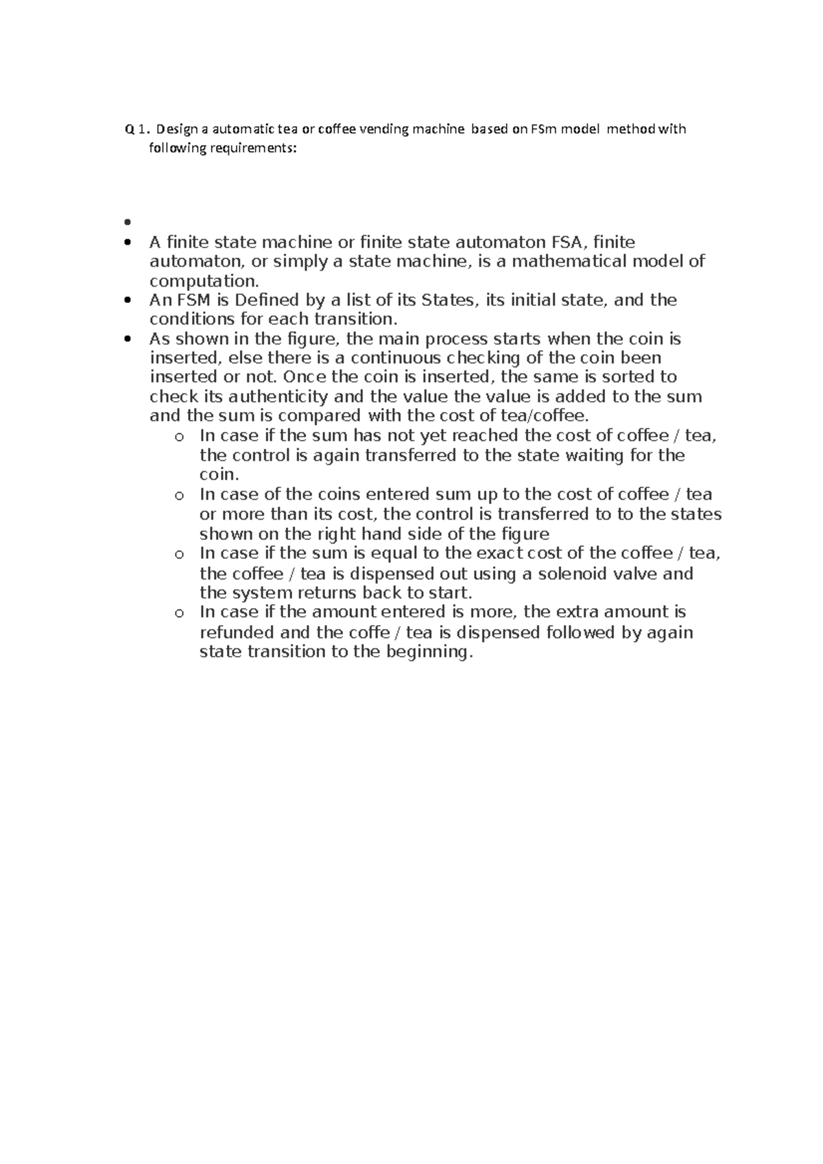 FSM Model: Designing an Automatic Tea/Coffee Vending Machine - Studocu