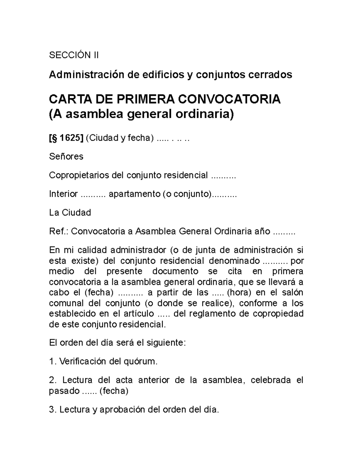 Carta DE Primera Convocatoria Asamblea General Conjuntos - SECCIÓN II Administración de ...