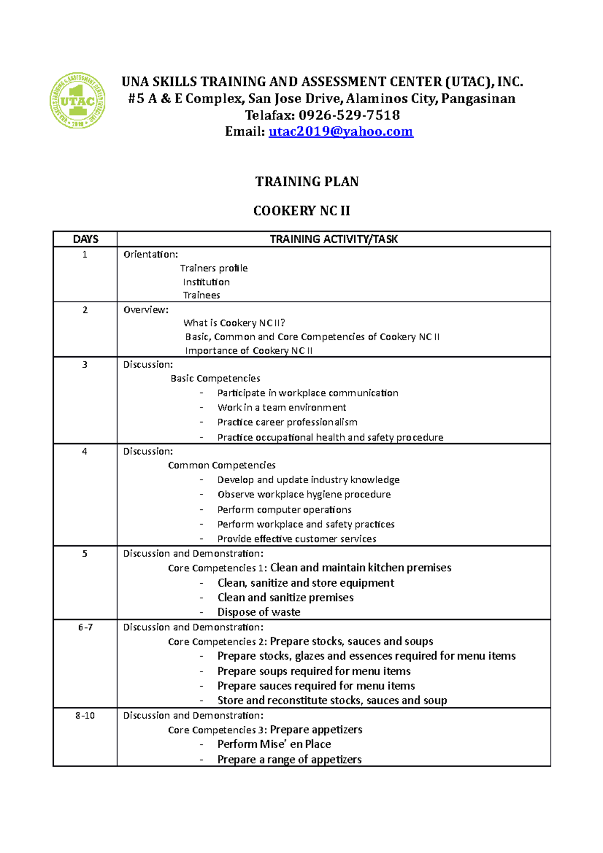 Training PLAN IN Cookery - UNA SKILLS TRAINING AND ASSESSMENT CENTER ...