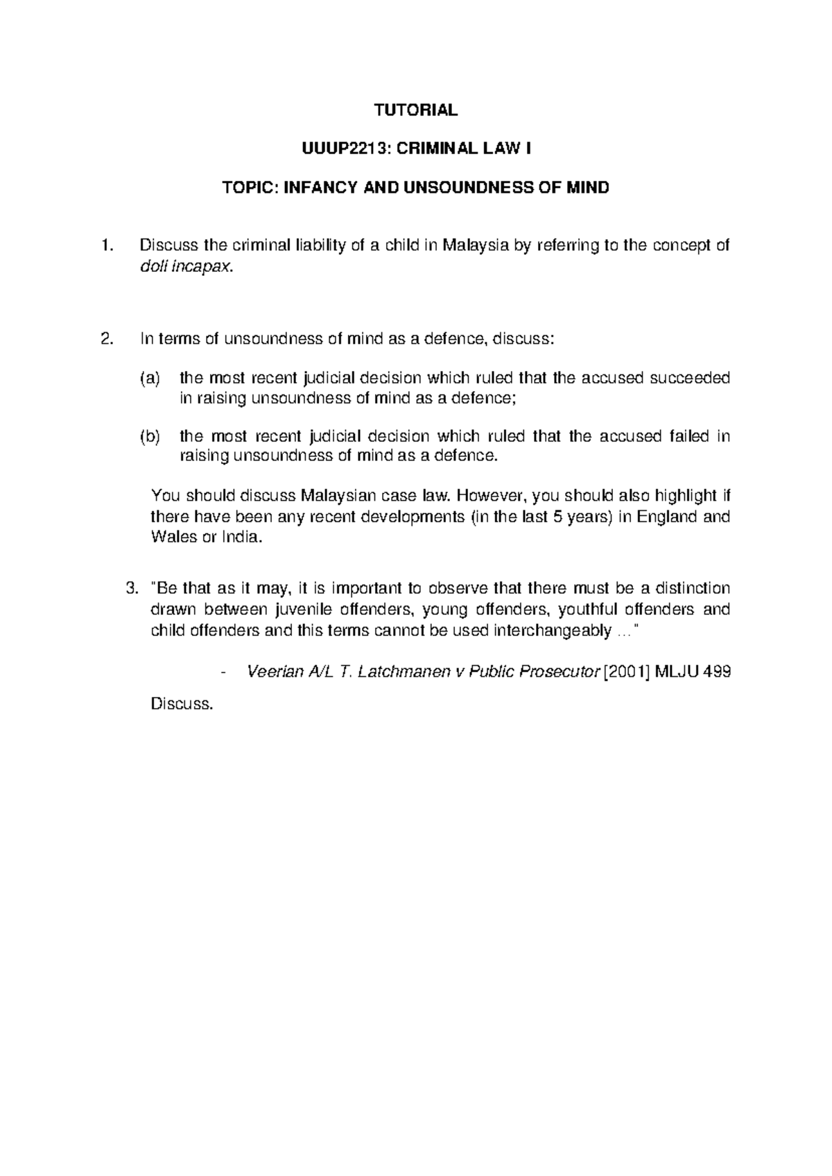 UUUP2213 Tutorial: Criminal Law I on Infancy & Intoxication Defense ...