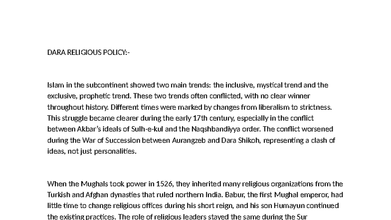 DARA RELIGIOUS: The Mystical Journey of Dara Shikoh in India - Studocu