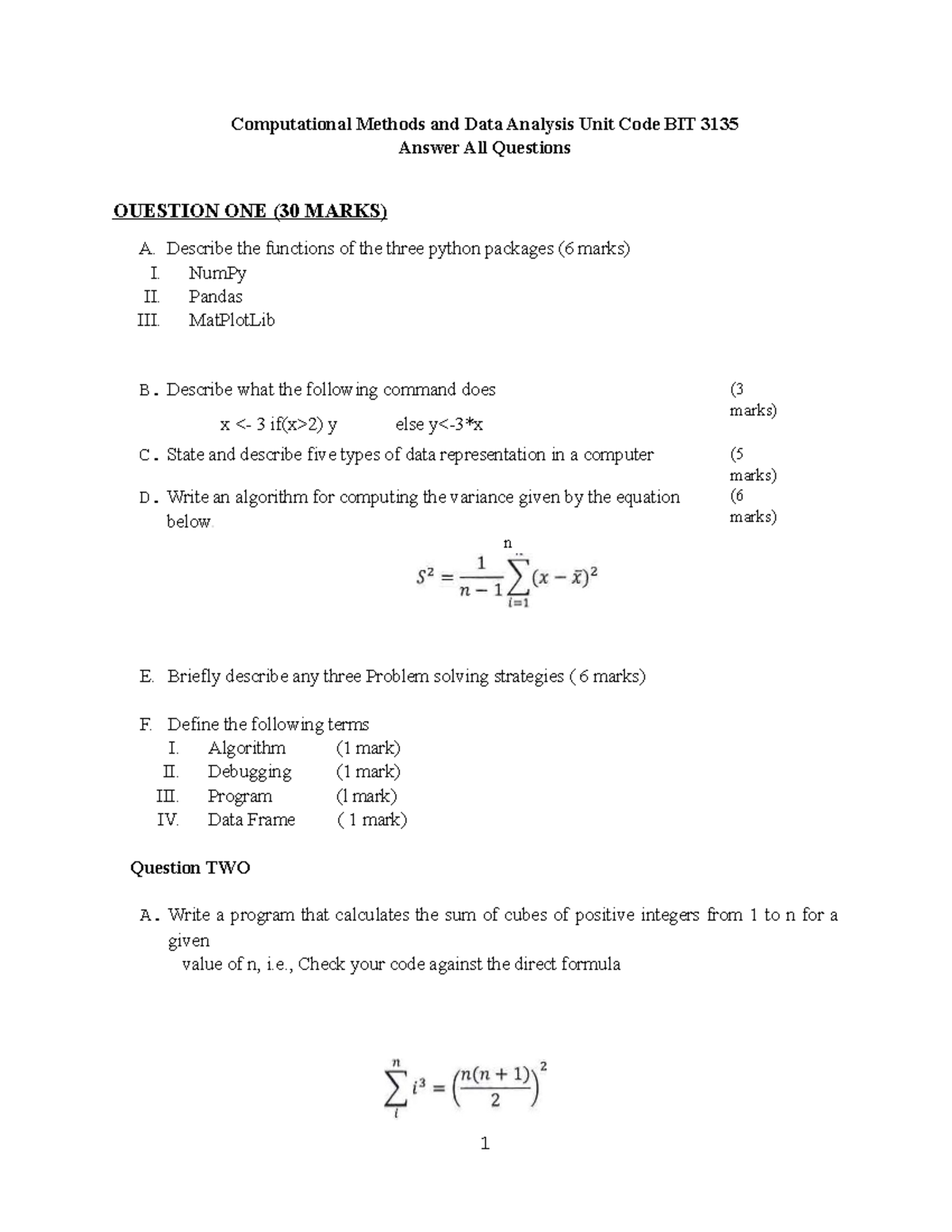 Computational Methods & Data Analysis Exam Review BIT 3135 - Studocu