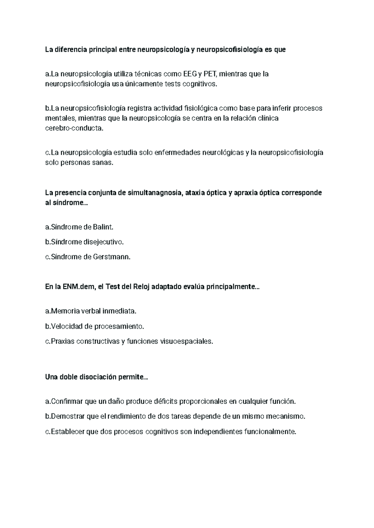 Simulacro de Examen de Neuropsicología y Neuropsicofisiología - Studocu