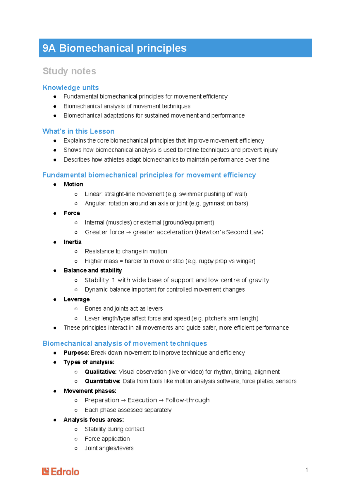 9A Biomechanical Principles - Lesson Study Notes on Movement Efficiency ...